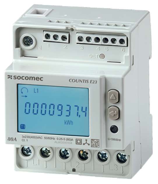 Socomec COUNTIS E23 80A Direct Connected 3 Phase Dual-Tariff Energy Meter with Modbus RS485 ...
